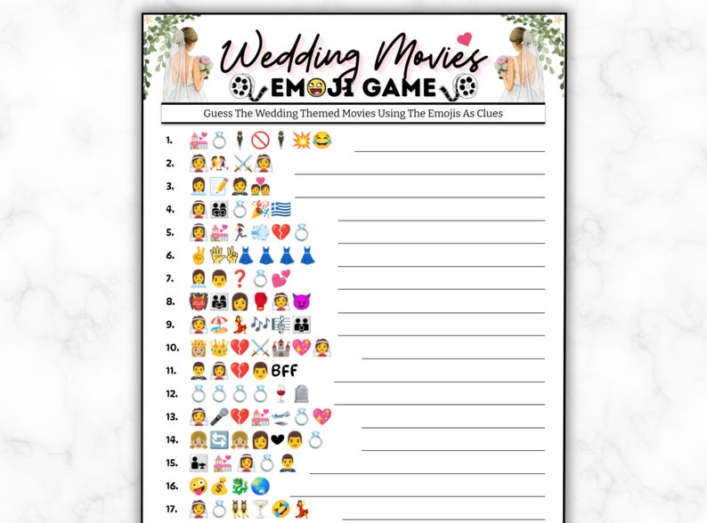 Bridal Shower Wedding Movies Emoji Pictionary Game, Bridal Shower ...