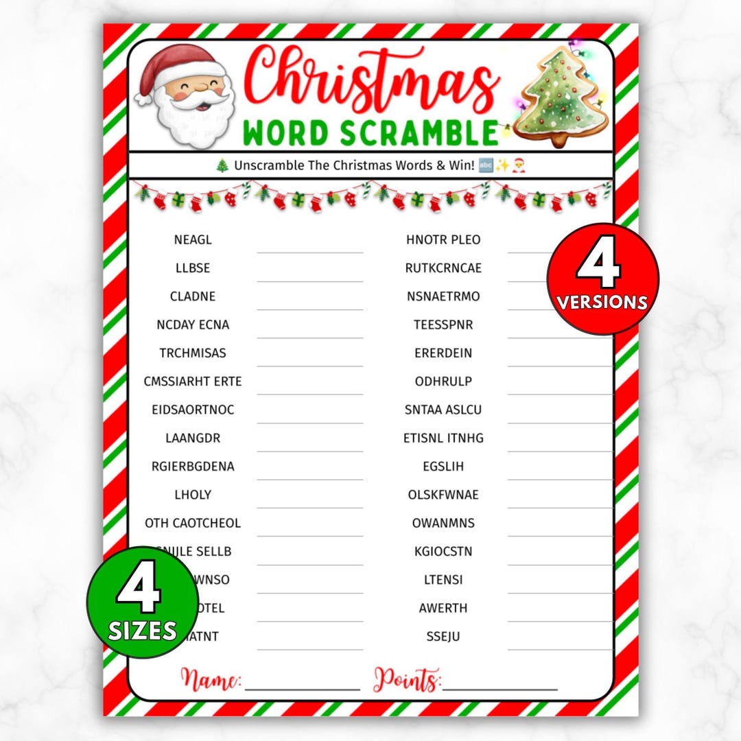 Christmas Word Scramble Game, Printable Holiday Word Scramble Family ...