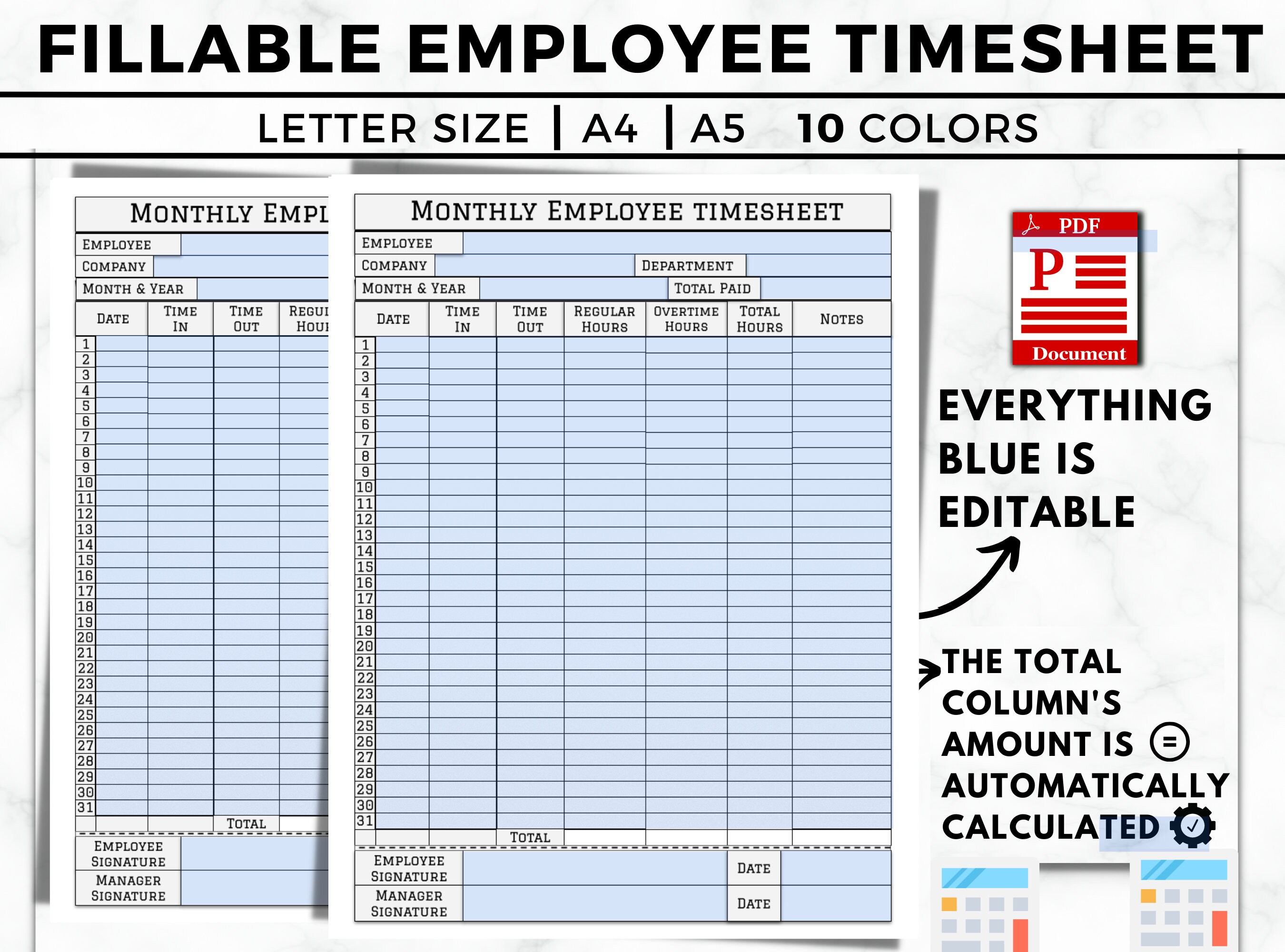 Monthly Timesheet, Editable Timesheet Form, Printable Timesheet ...