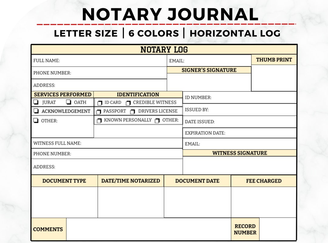 Horizontal Notary Journal, Notary Public Log Book (PDF) - Etsy