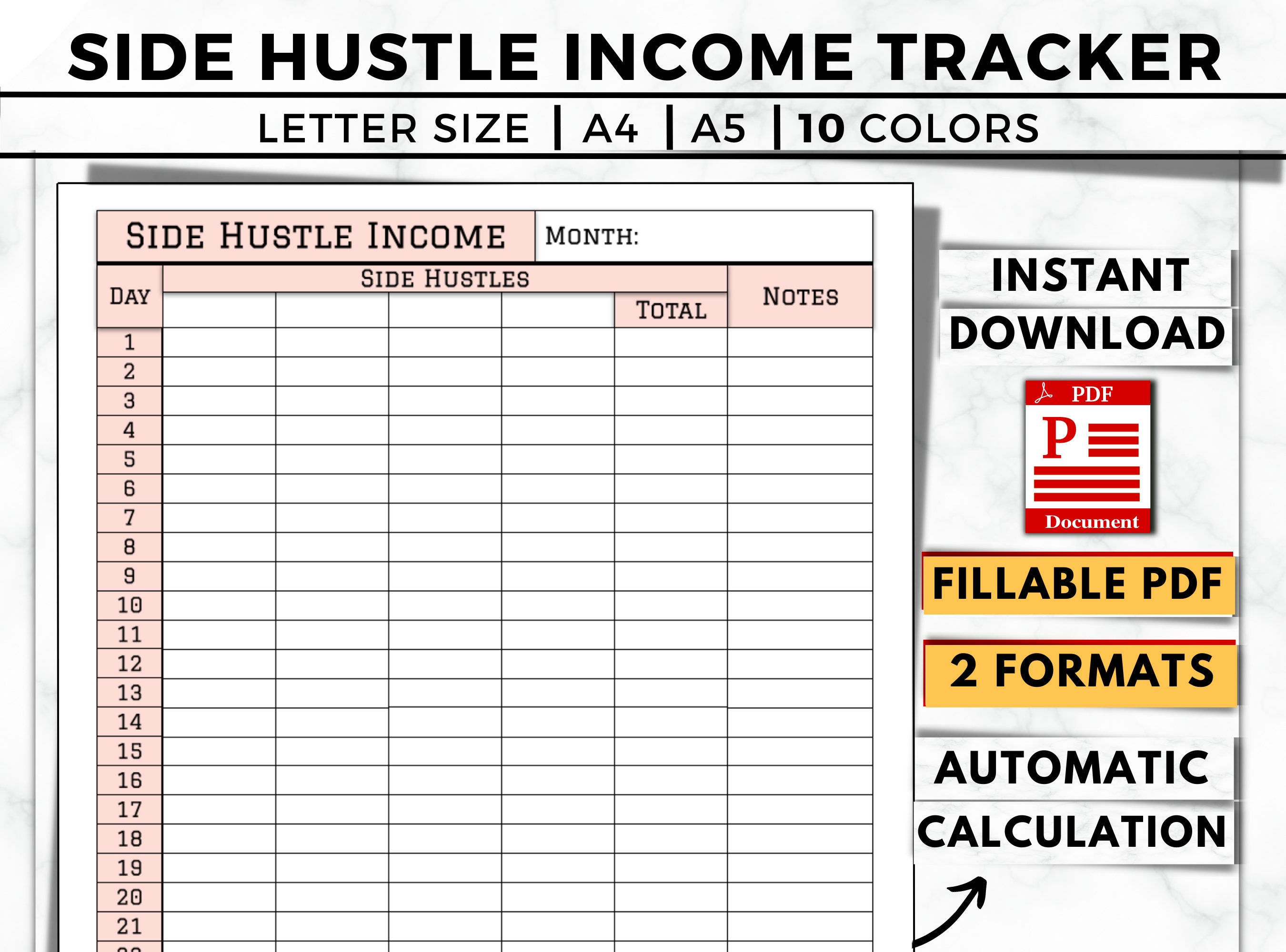 Side Hustle Income Tracker Printable, Budget Sheet (fillable PDF) - Etsy
