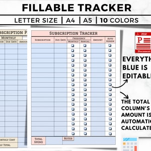 Subscription Tracker Printable, Editable Log, Auto-calculation (digital ...