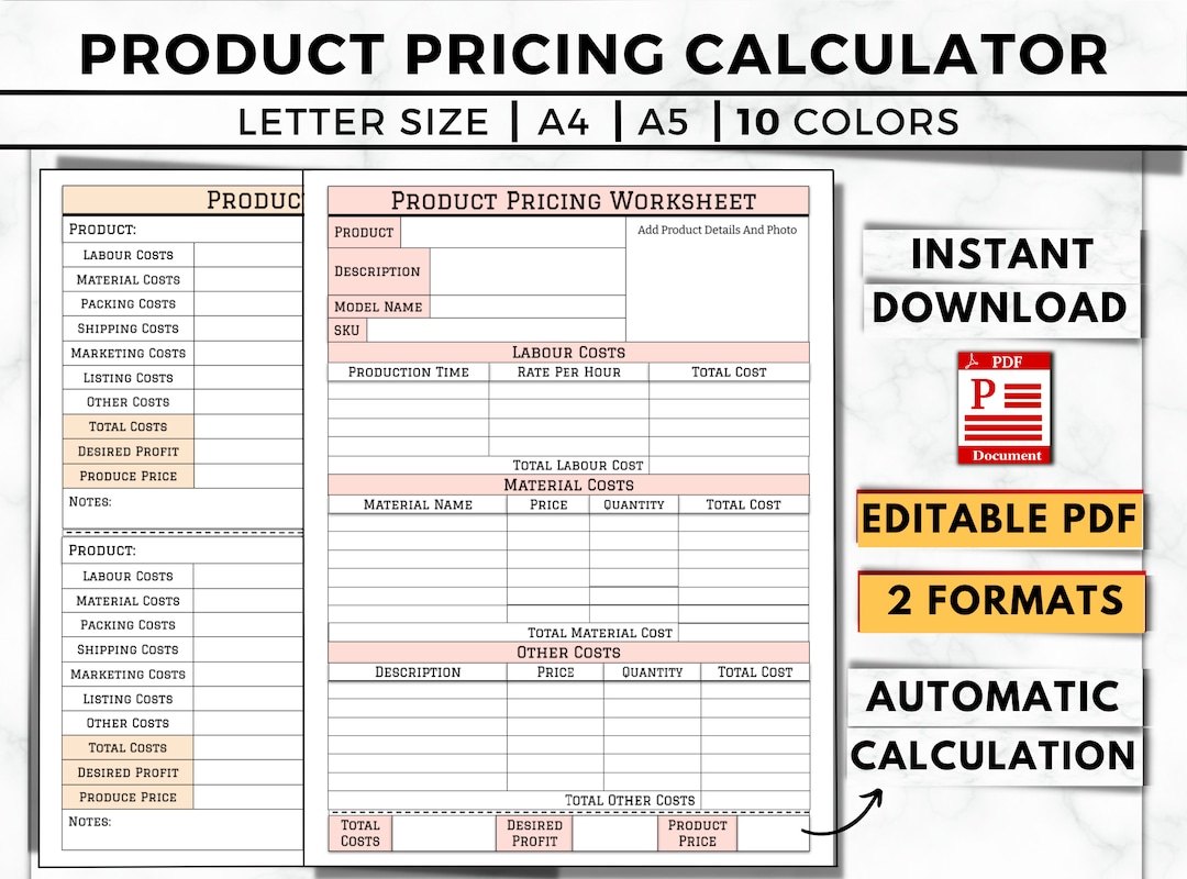 Product Pricing Sheet, Printable & Editable Pricing Worksheet, Pricing Calculator, Auto ...