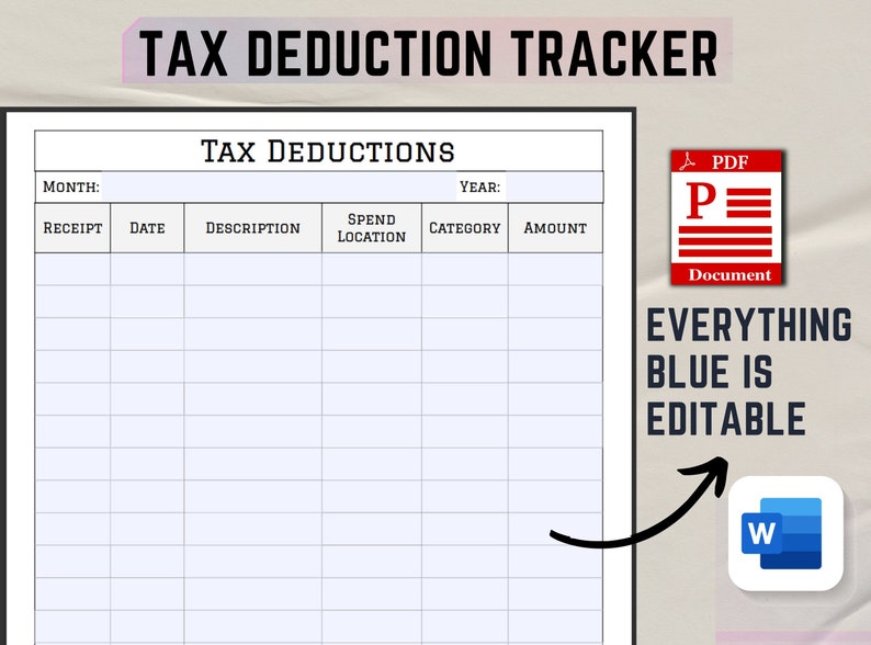 Tax Deduction Tracker Printable, Editable Business Tax Log (PDF) - Etsy