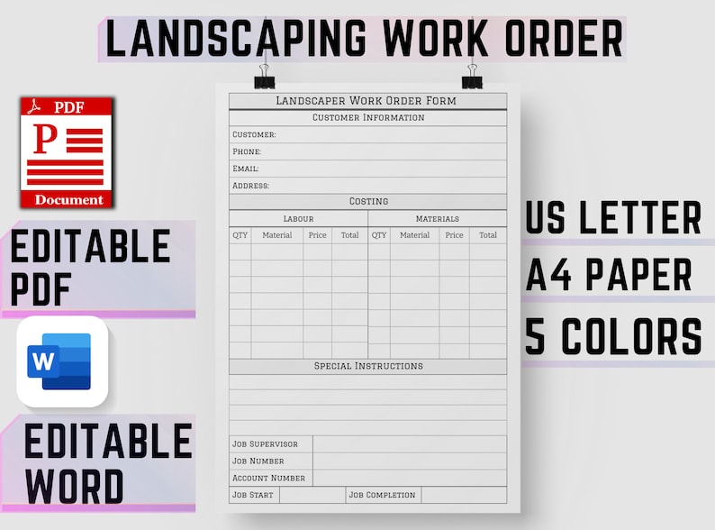 Lawn Care Client Log Book, Landscaping Work Order (printable & Editable ...