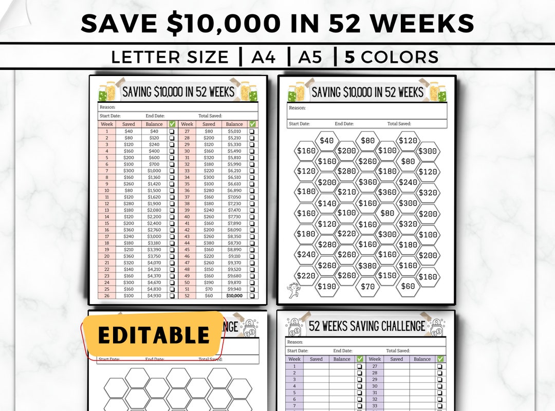 Save 10000 in 52 Weeks, 10K Savings Challenge Printable, 10000 Savings ...
