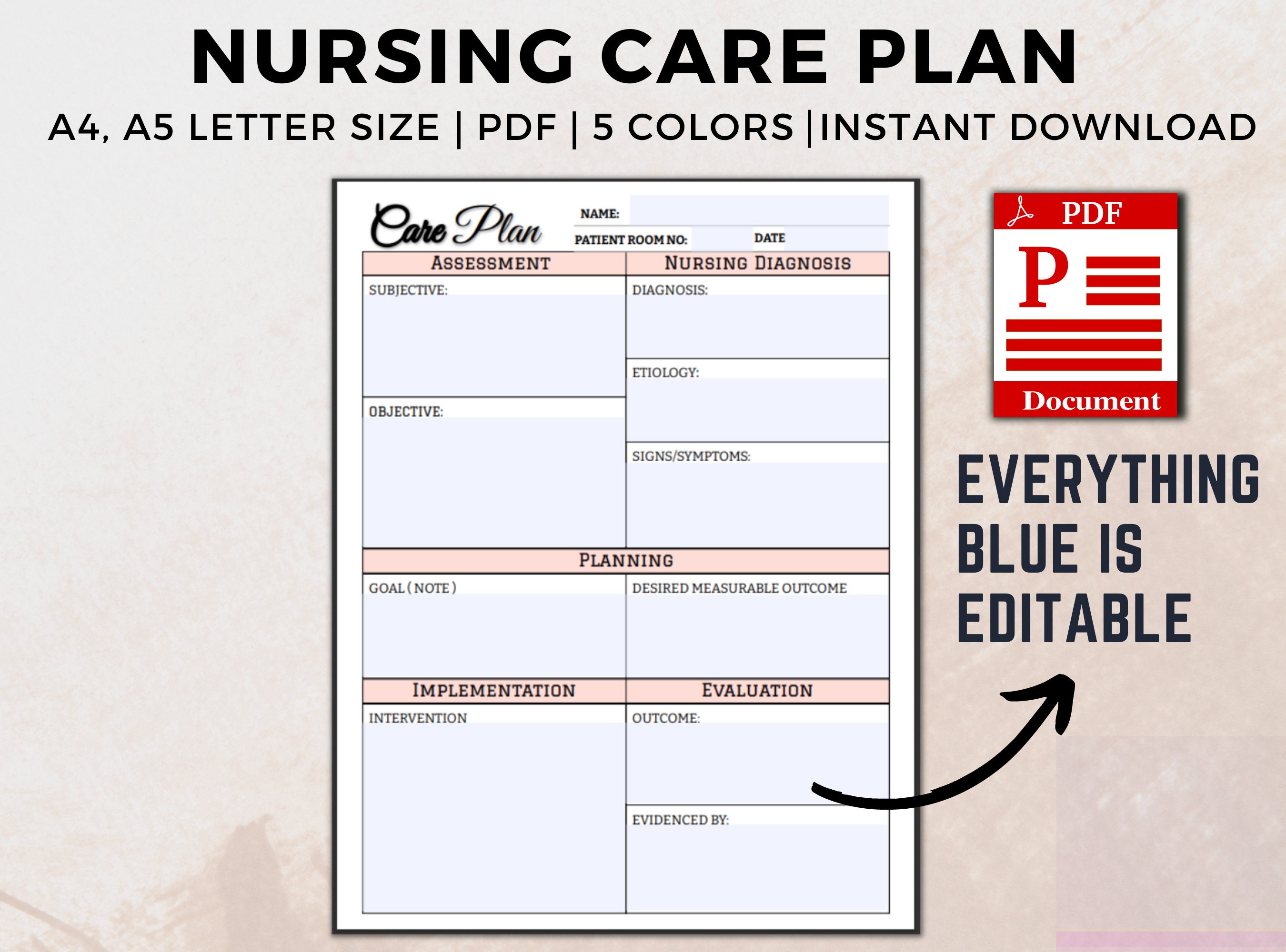 Nursing Care Plan Template Editable Nursing Report Sheet - Etsy