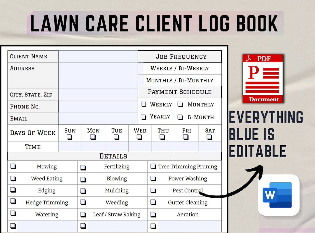 Lawn Care Client Log Book, Landscaping Work Order (printable & Editable ...