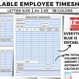 Employee Time Sheet. Editable Timesheet Form. Printable Timesheet ...