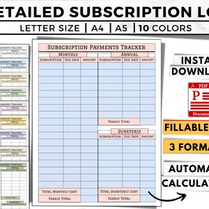 Subscription Tracker Printable, Editable Subscriptions Log, Membership ...