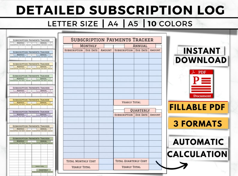 Subscription Tracker Printable Editable Subscriptions Log - Etsy