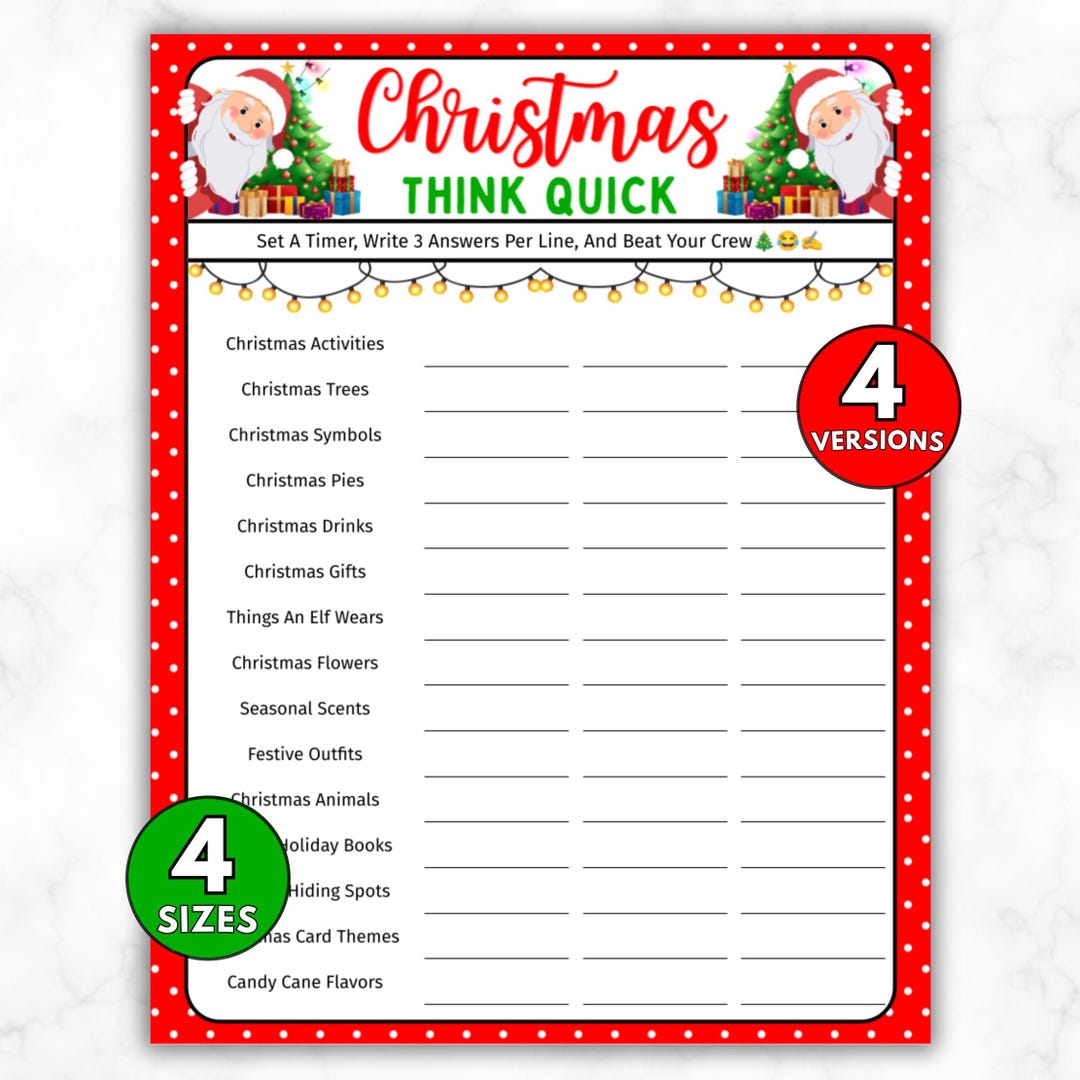 Christmas Think Quick Game, Think Quick, Printable Christmas Game ...