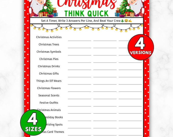 Christmas Think Fast Game, Think Quick Game, Christmas Trivia for Kids ...
