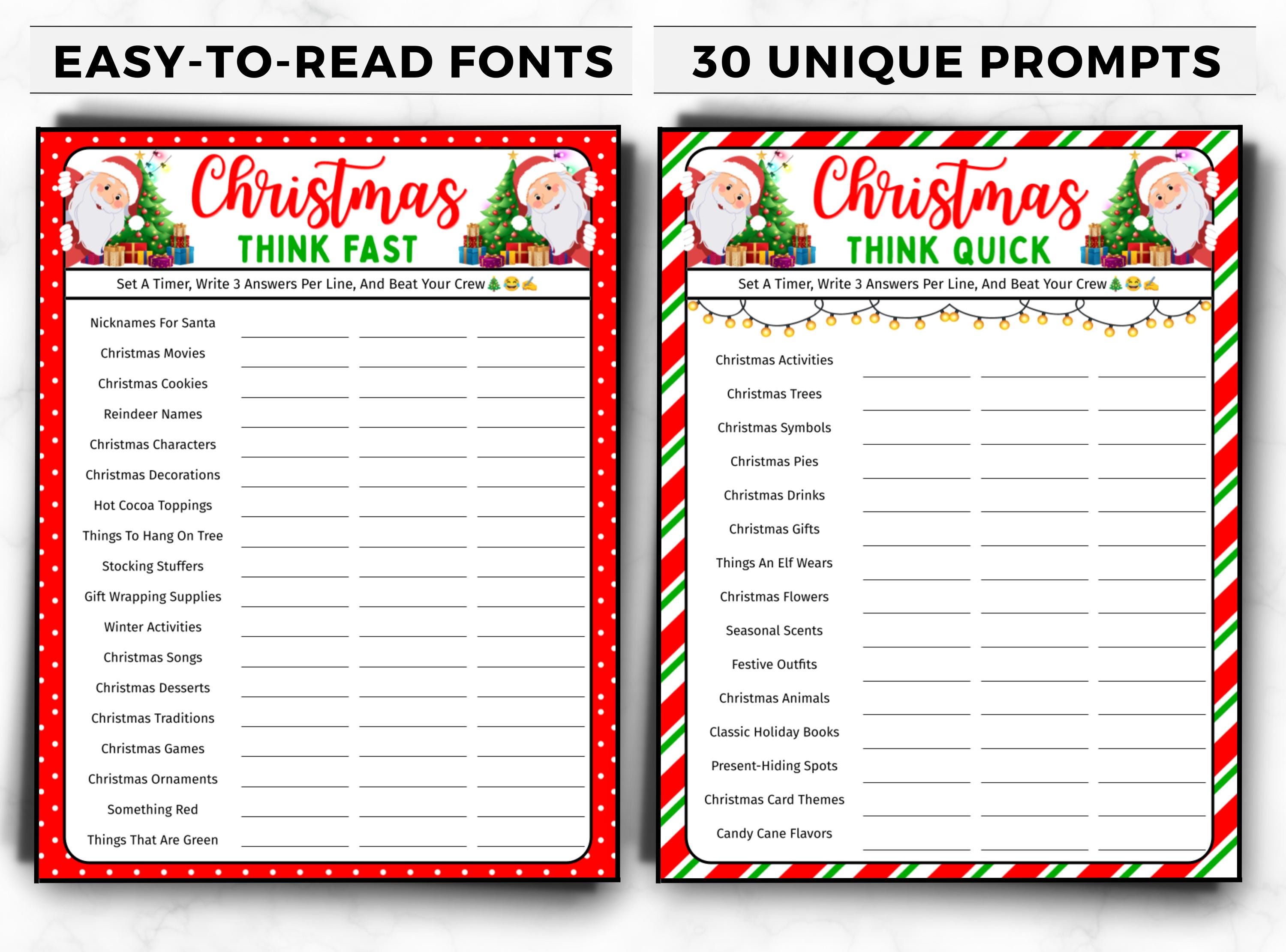 Think Fast Christmas Game, Think Quick, Printable Christmas Game ...
