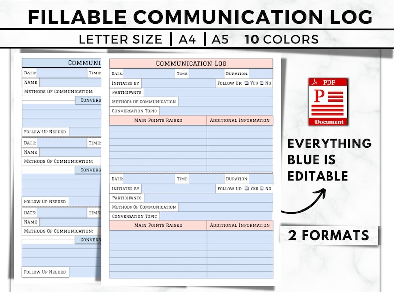 Communication Log Printable, Contact Tracker (fillable PDF) - Etsy