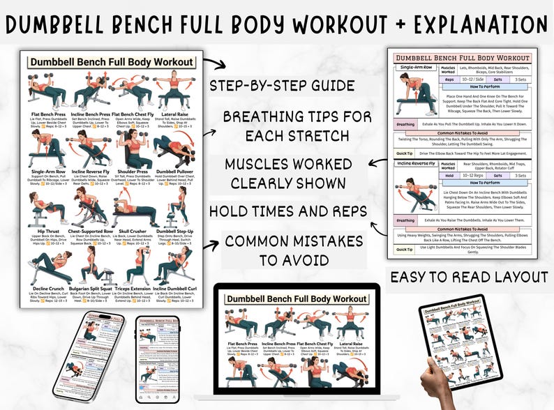 Dumbbell Bench Workout Chart, Full Body Bench Weight Lifting, Upper ...