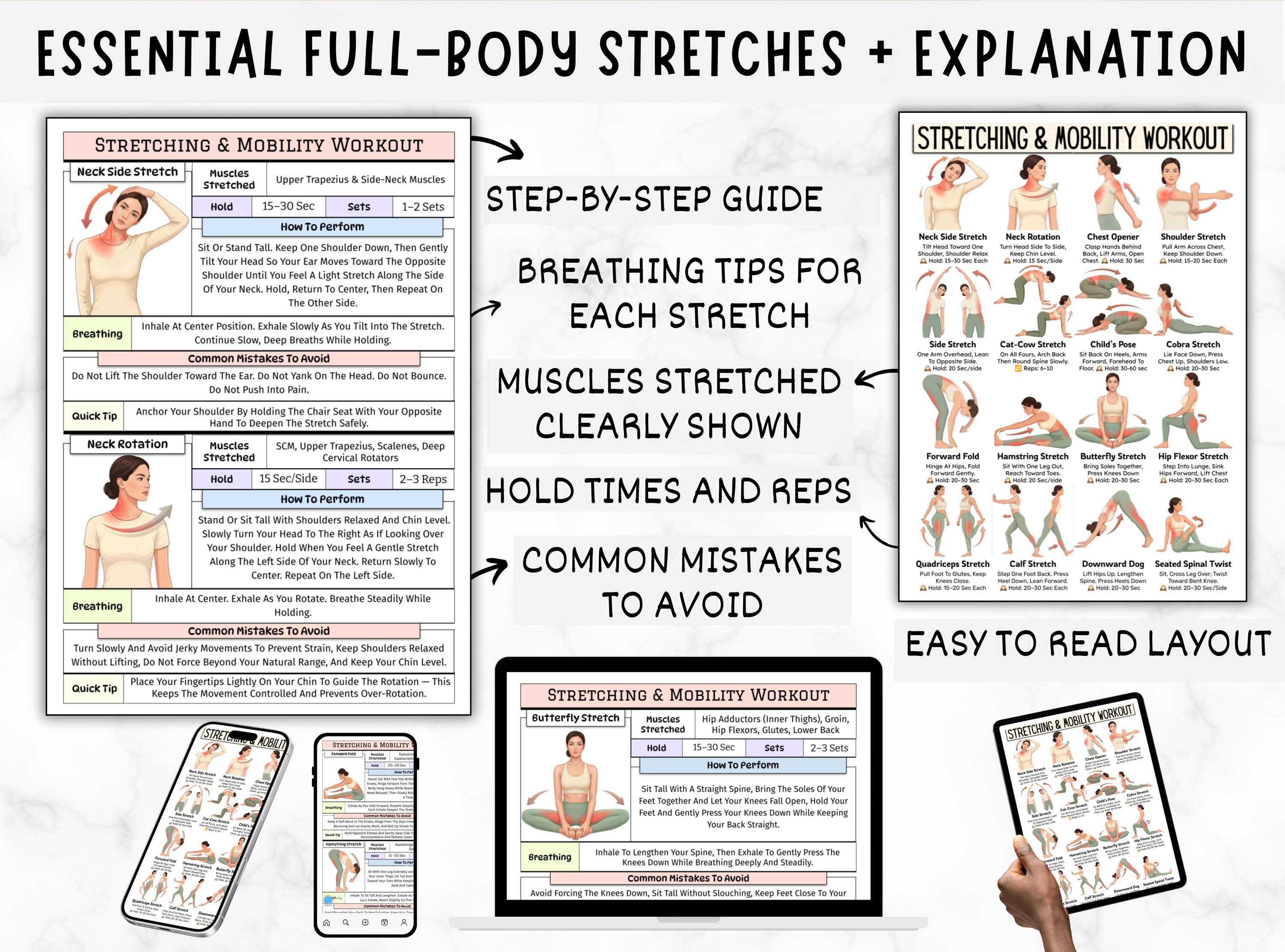 Full Body Stretching Exercises Poster, Mobility Workout Guide, Daily ...