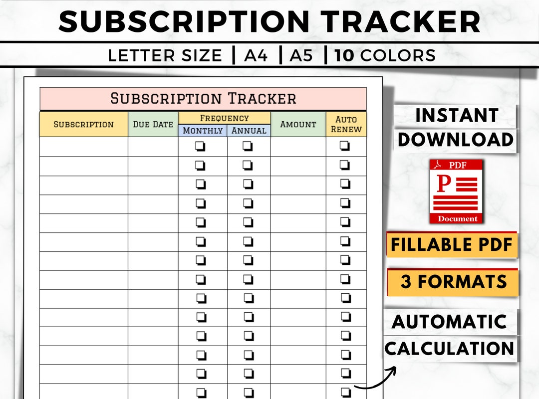 Subscription Tracker Printable Editable Subscriptions Log - Etsy