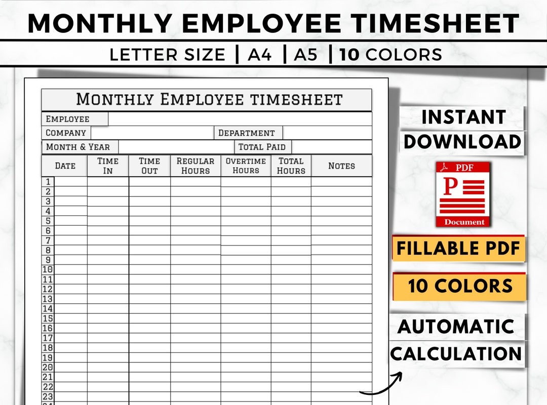 Monthly Timesheet, Editable Timesheet Form, Printable Timesheet ...