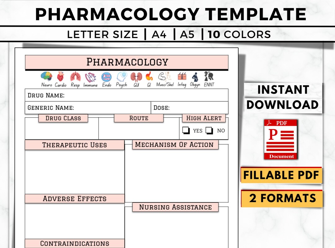 Pharmacology Template Printable Editable Nursing School - Etsy