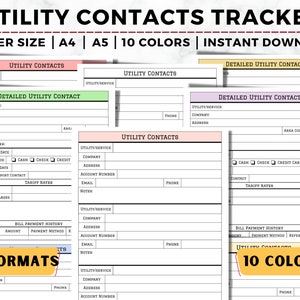 Printable Utility Contacts, Utility Service Address Book, Utility ...