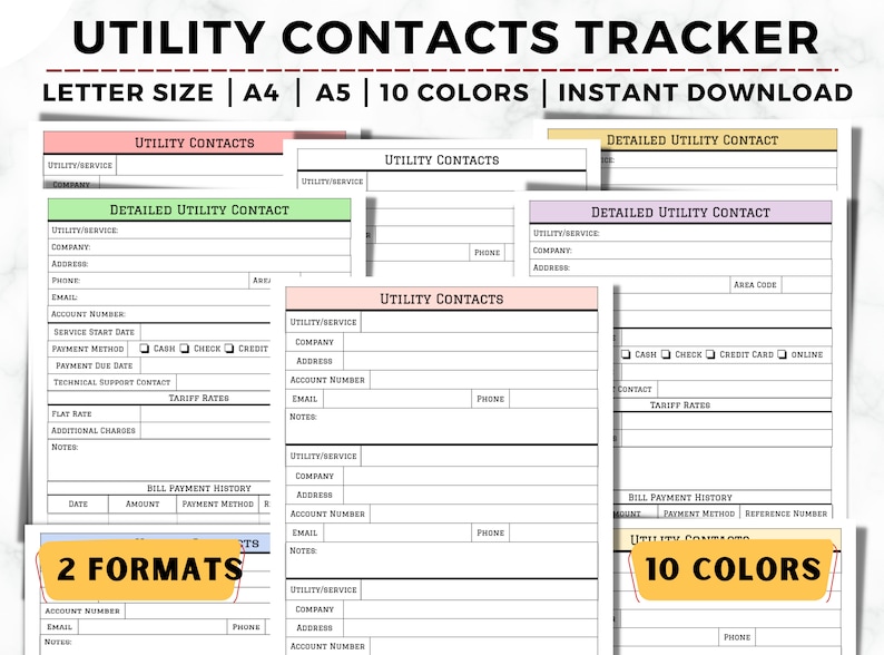 Printable Utility Contacts, Utility Service Address Book, Utility ...