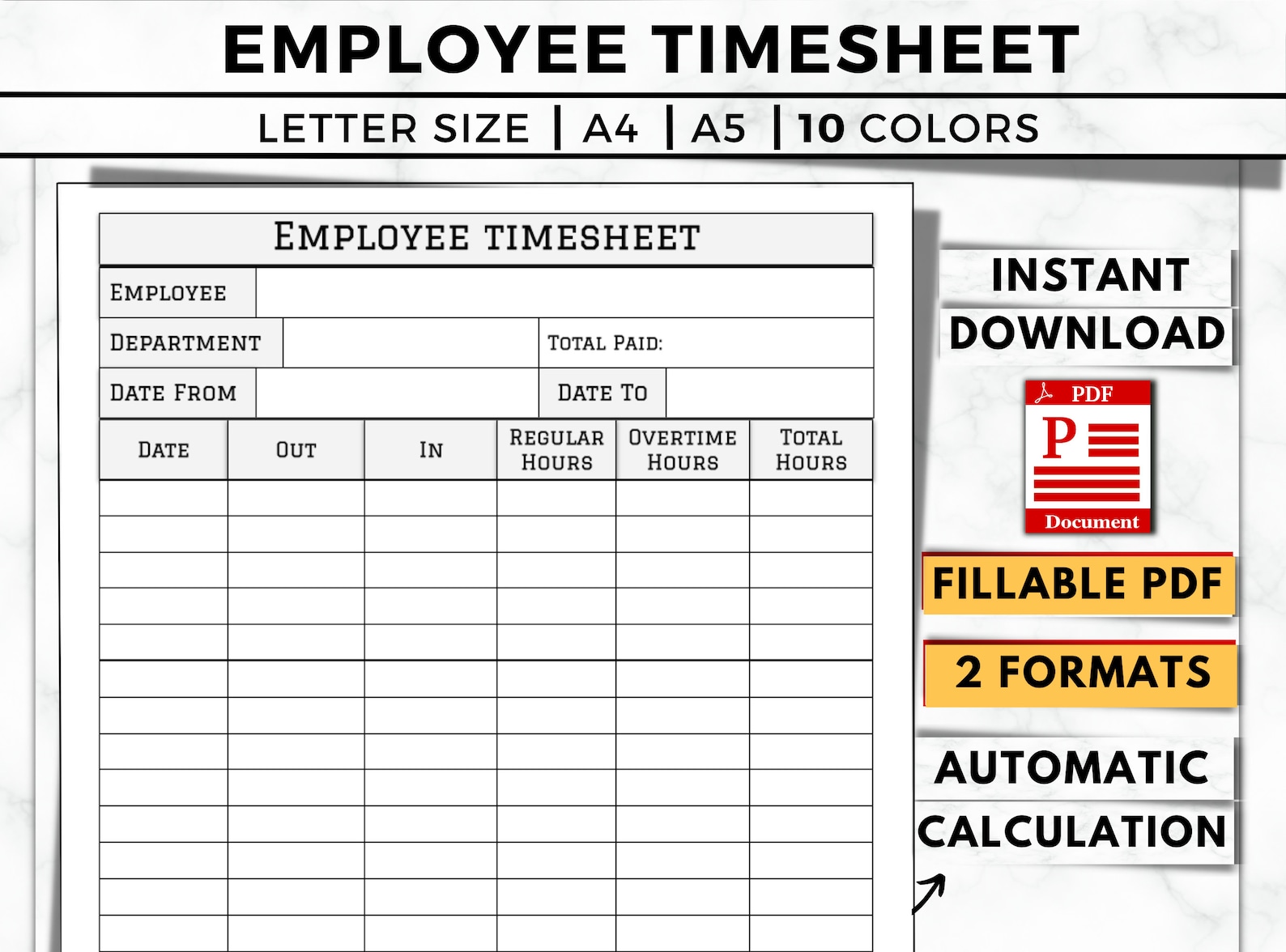 Employee Time Sheet. Editable Timesheet Form. Printable - Etsy