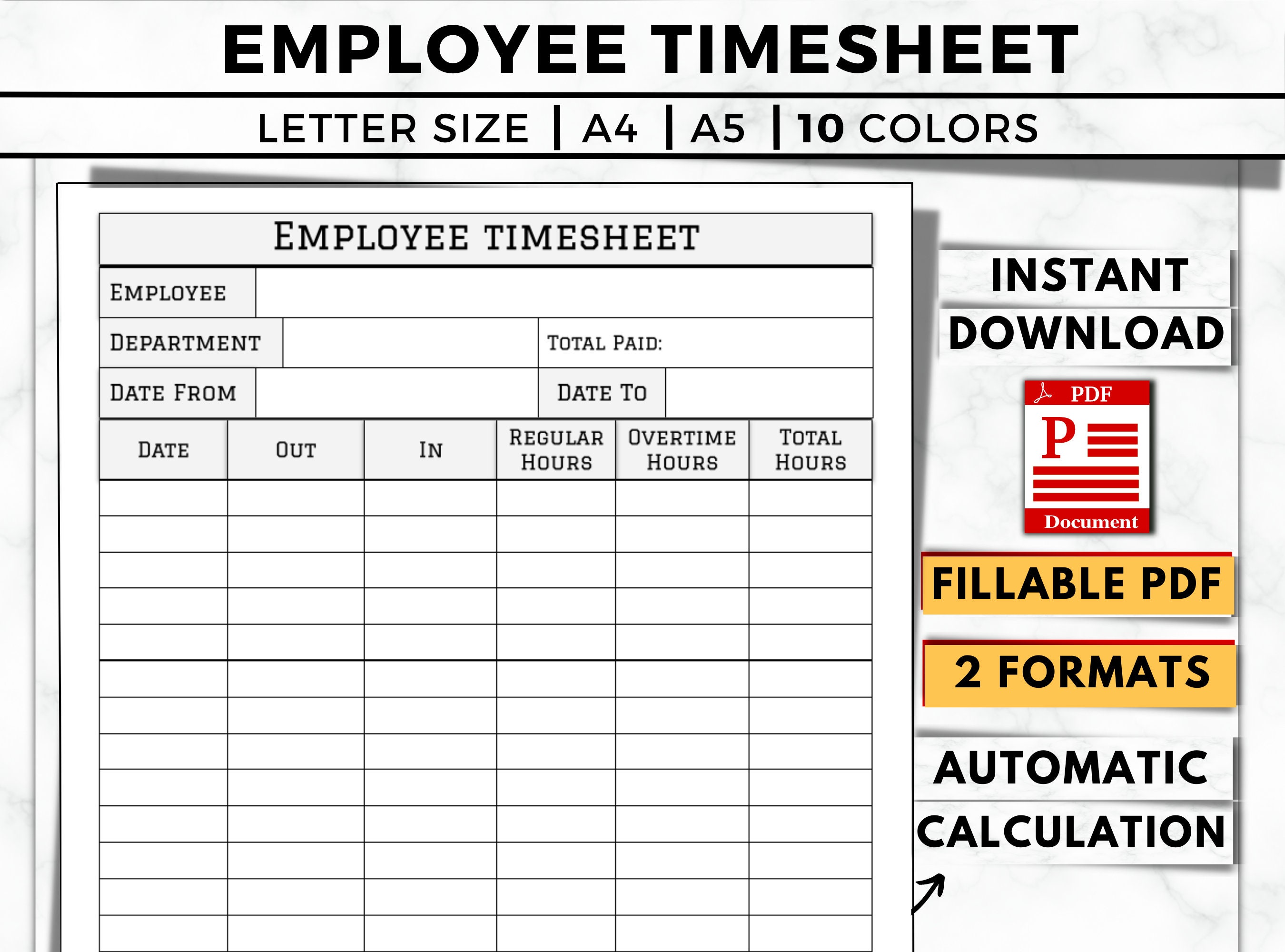 Employee Time Sheet. Editable Timesheet Form. Printable - Etsy