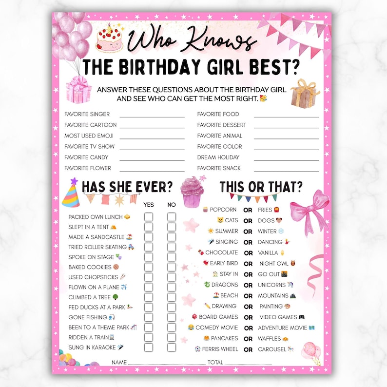 Who Knows the Birthday Girl Best, Editable Birthday Party Game for ...