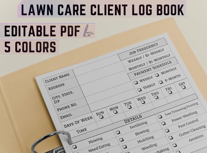 Lawn Care Client Log Book, Landscaping Work Order (printable & Editable ...