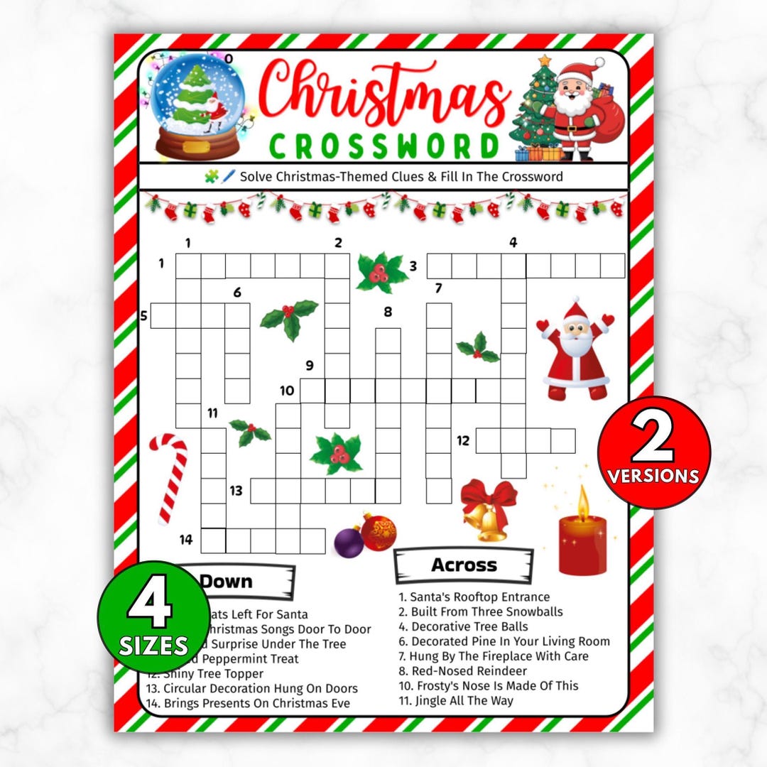Printable Christmas Crossword Puzzle for Kids and Adults, Fun Christmas ...