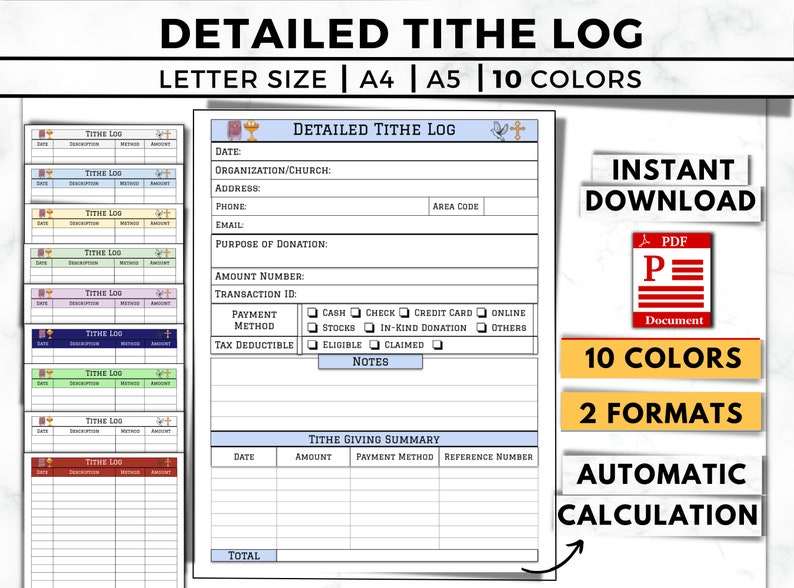 Church Tithe Tracker, Donation Record, Printable & Fillable PDF - Etsy