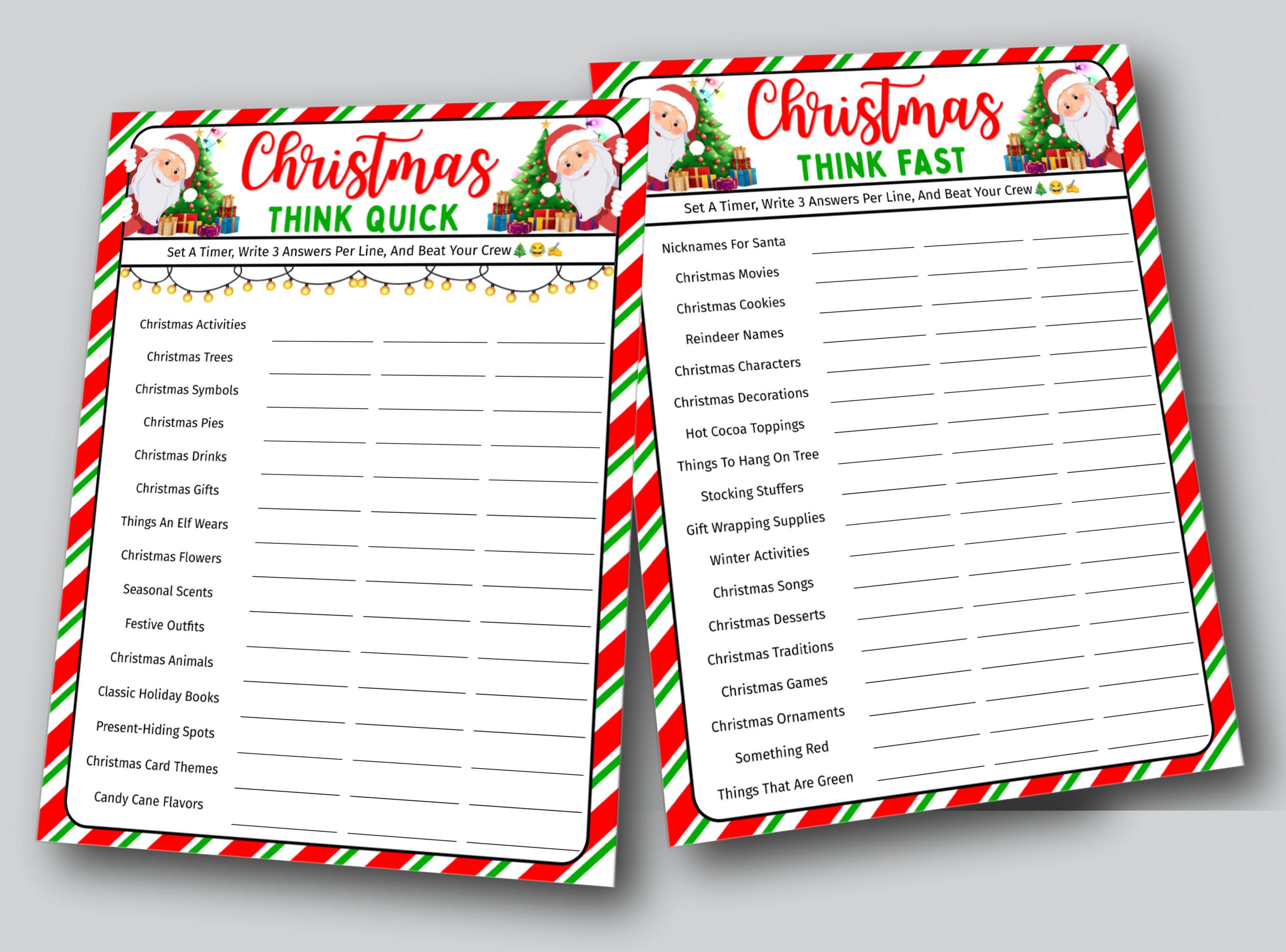 Christmas Think Quick Game, Think Quick, Printable Christmas Game ...