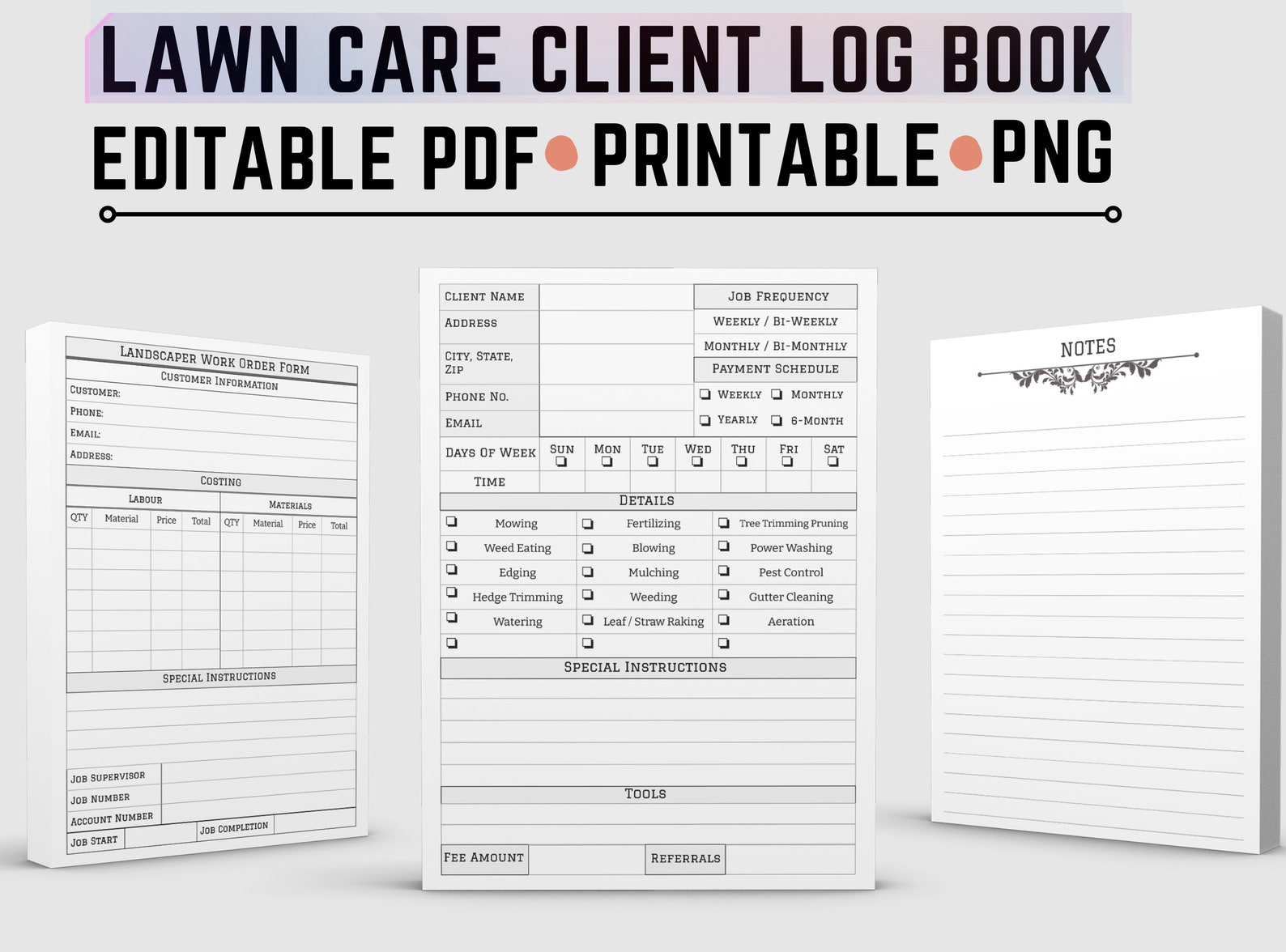 Lawn Care Client Log Book, Landscaping Work Order Printable and Fillable PDF, Lawn Mowing and ...