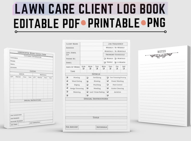 Lawn Care Client Log Book, Landscaping Work Order (printable & Editable ...