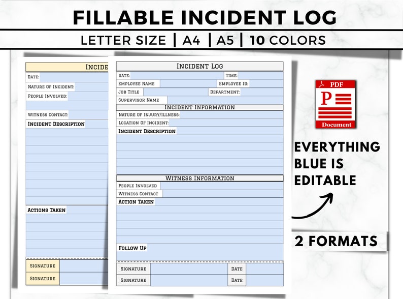 Editable Incident Report Form, Fillable PDF, A4 A5 (digital Download ...