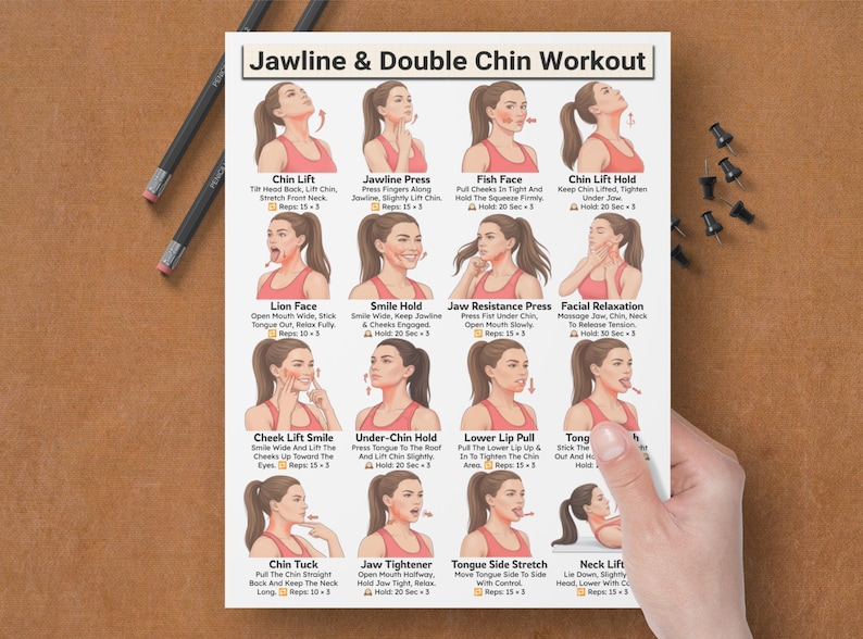 Jawline & Double Chin Exercises, Face Yoga Workout Chart for Jaw and ...