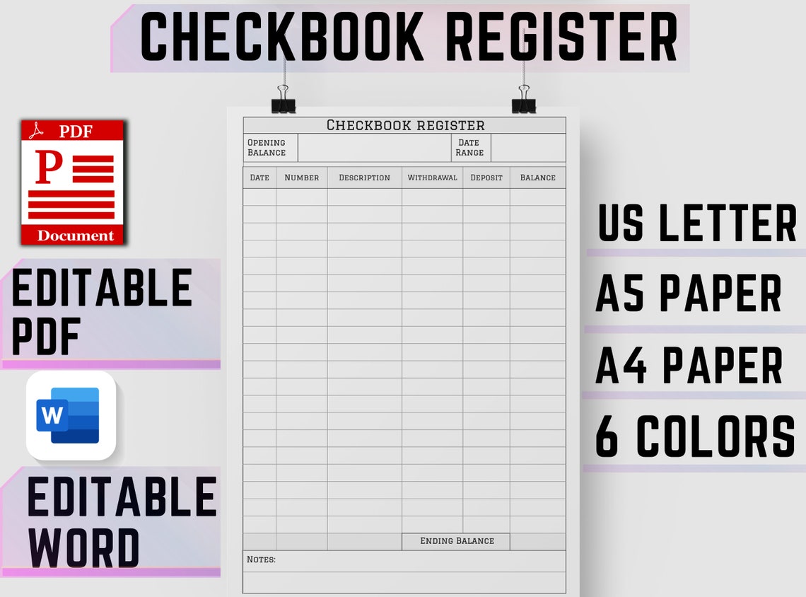 Printable Checkbook Register: Bank Transaction Tracker Sheet (editable ...