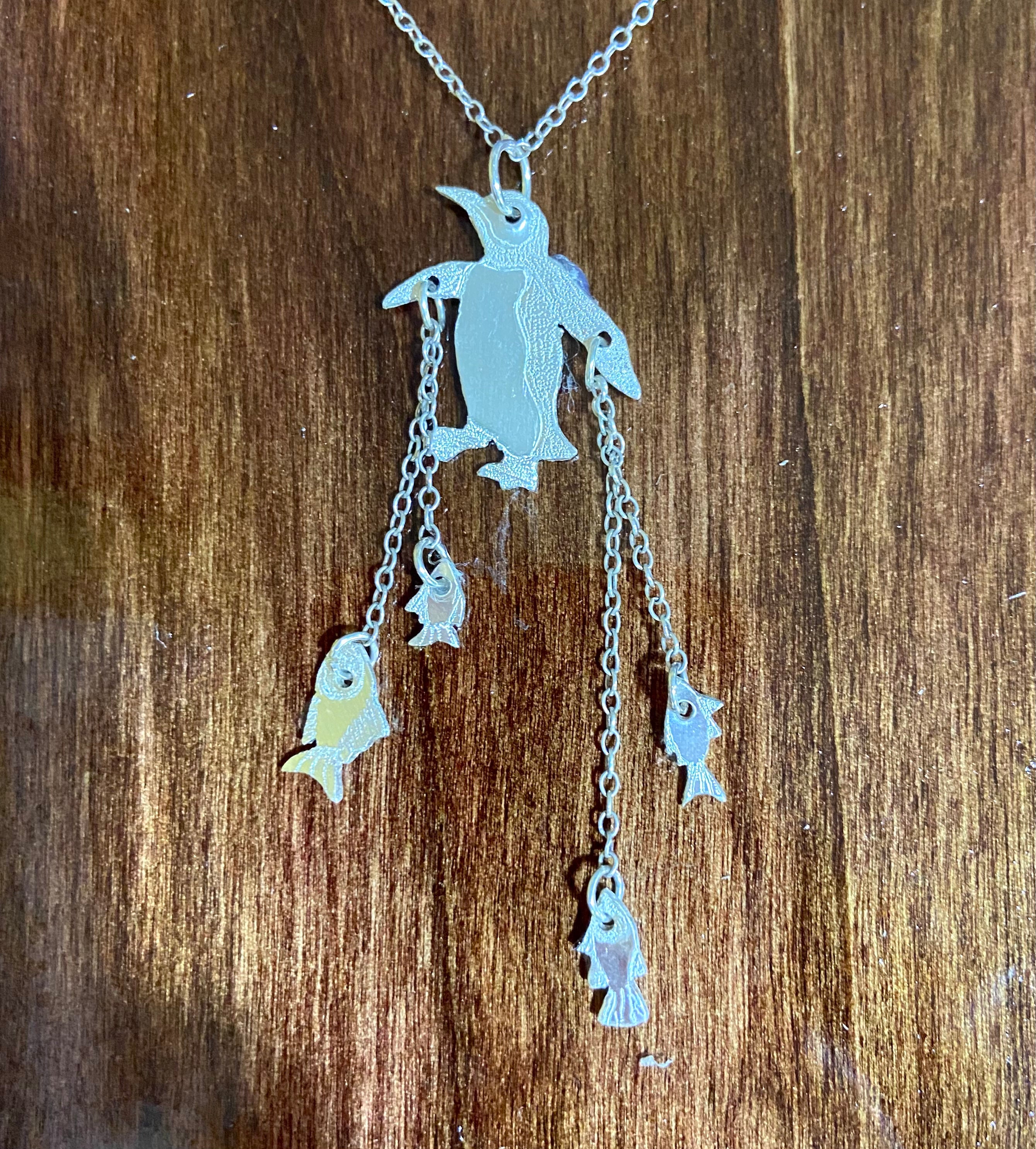 Handmade Fishing Penguin Pendant and Chain in Solid Silver - Etsy UK