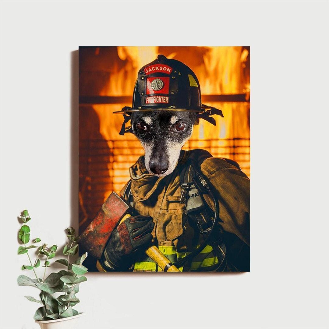 Firefighter Dog Portrait, Custom Dog Print, Personalized Dog Portrait ...