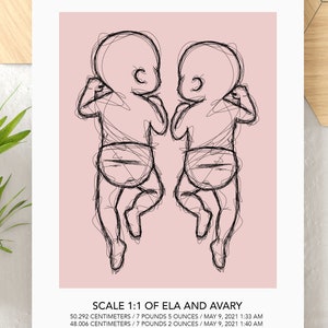 Personalized Sketch Birth Poster for Twins, Custom Twins Birth Poster ...