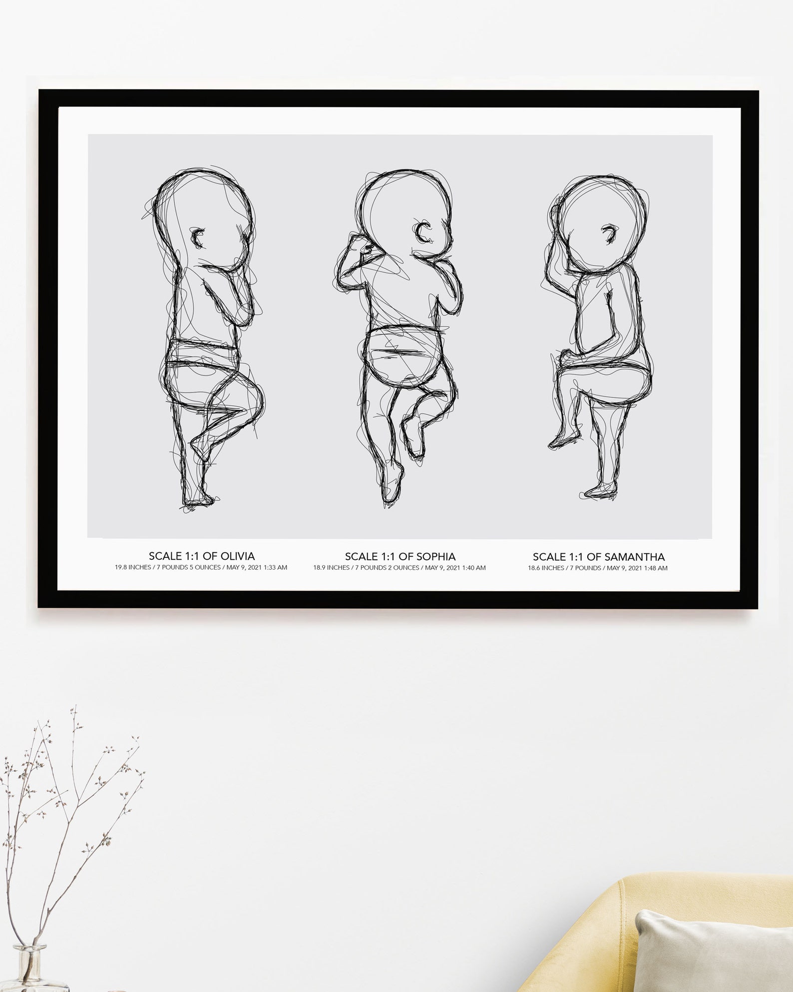 Personalized Sketch Birth Poster for Triplets Scale 1:1 - Etsy