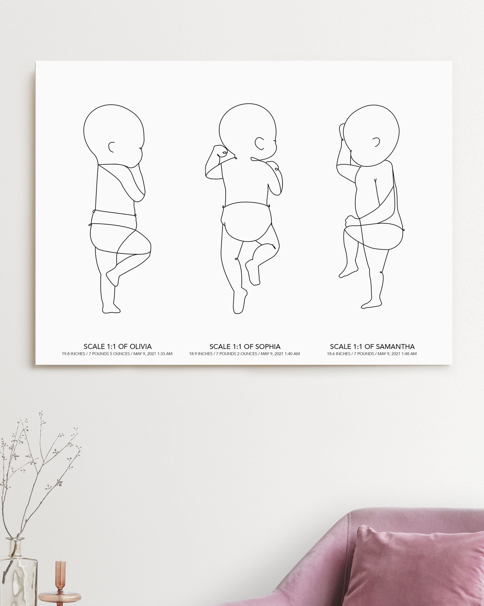 Triplets Line Art Birth Poster Line Art Birth Poster for - Etsy