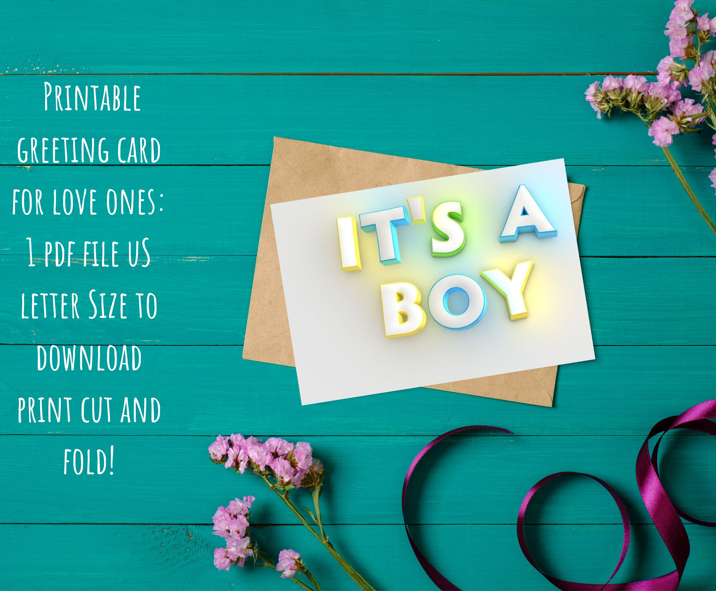 Its a Boy Printable Greeting Card, Digital Download 7x5 Inch Gender ...
