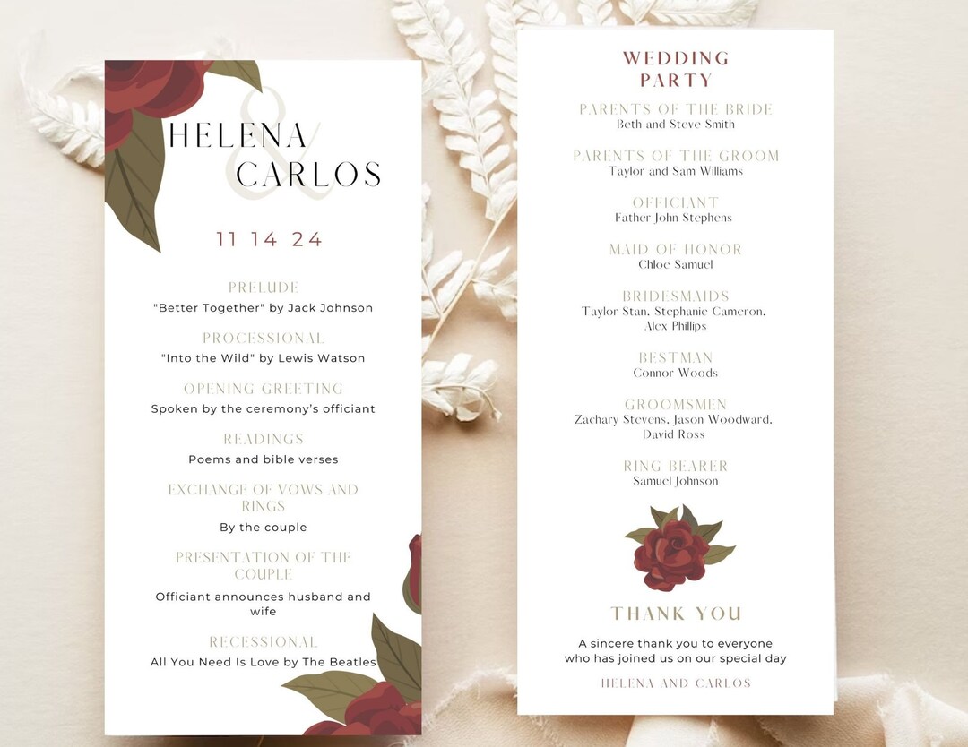 Red Wedding Program Template, Elegant & Classic, Champagne Elegant ...