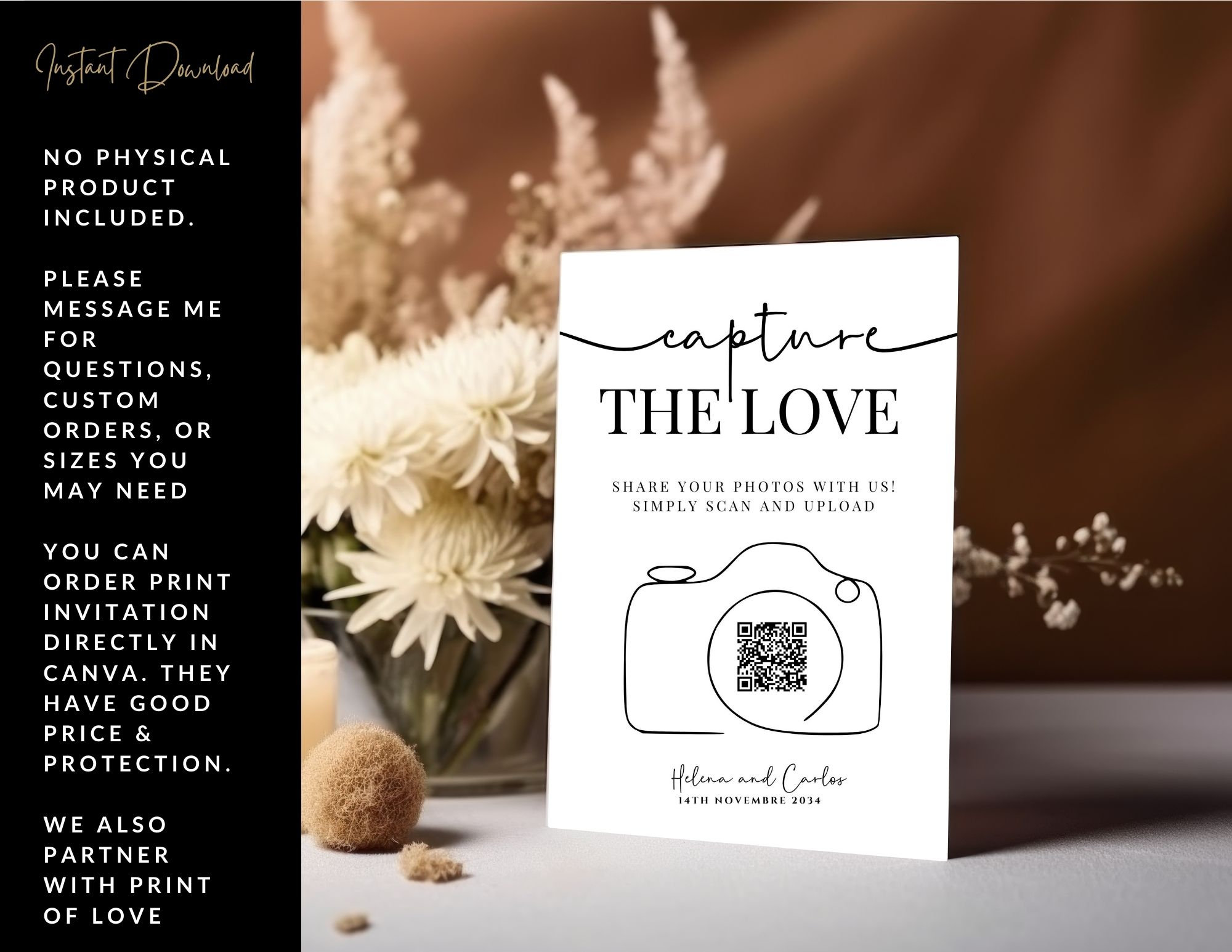 Customizable Wedding Photo Sharing Sign, Capture the Love QR Code ...