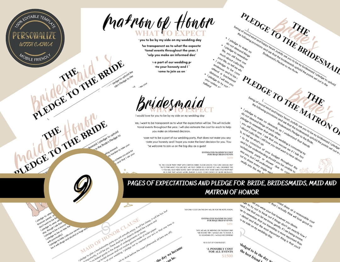 Bridesmaid Pledge What to Expect Info Card Responsabilities | Wedding ...
