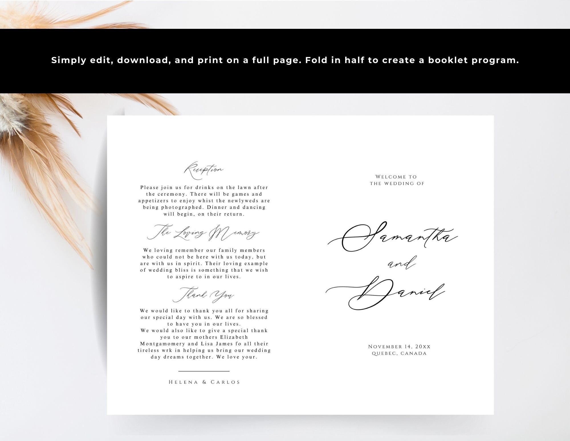 Calligraphy Wedding Program Template, Modern Wedding Program Printable, Classic Script Wedding ...