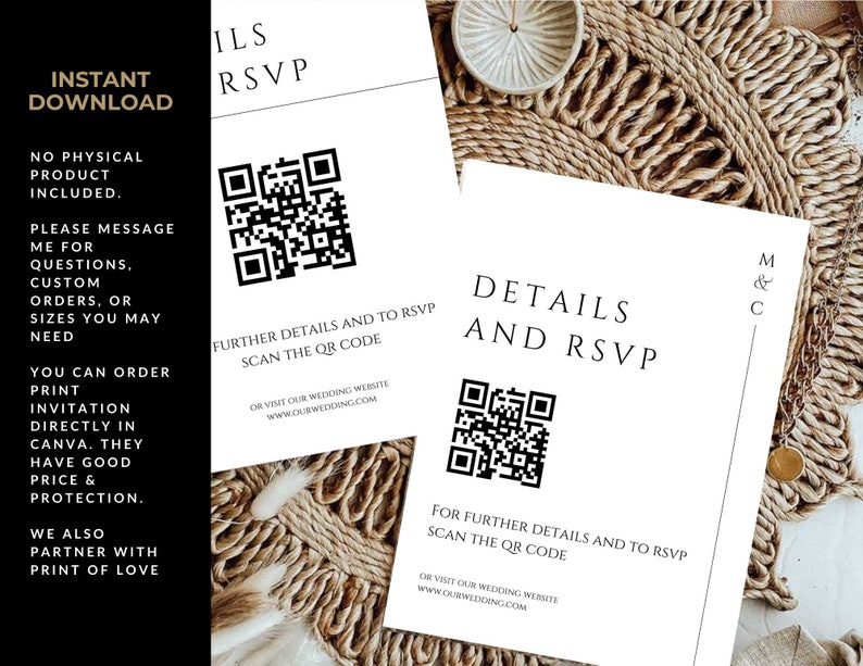 Wedding Information Card Template, Simple DIY Details Card Insert, QR ...