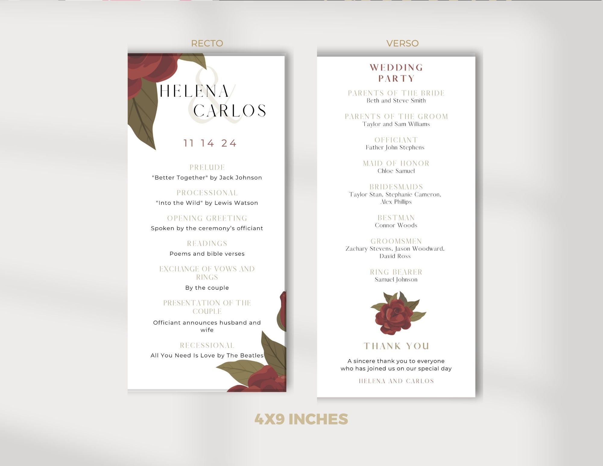 Red Wedding Program Template, Elegant & Classic, Champagne Elegant ...